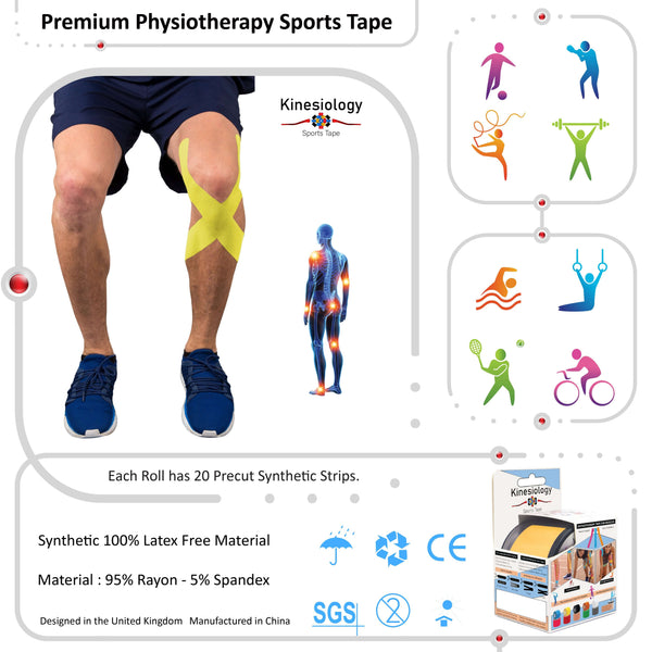 Yellow Kinesiology Tape | Hi-Vis Pre-Cut · 20 Strips with Dispenser ...